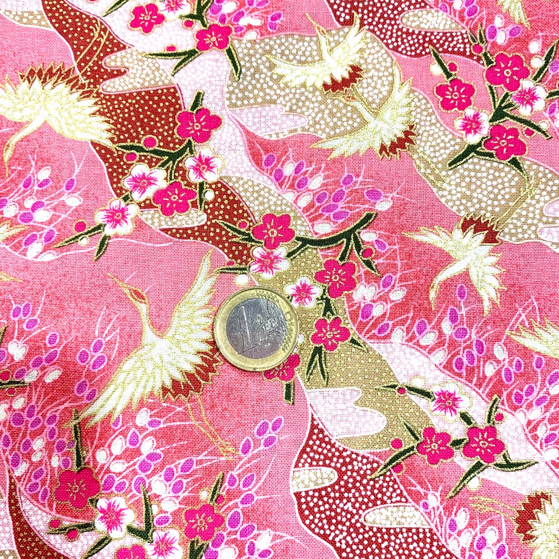 Japanese Fabric Traditional Crane Pattern Pink Background | Etsy UK
