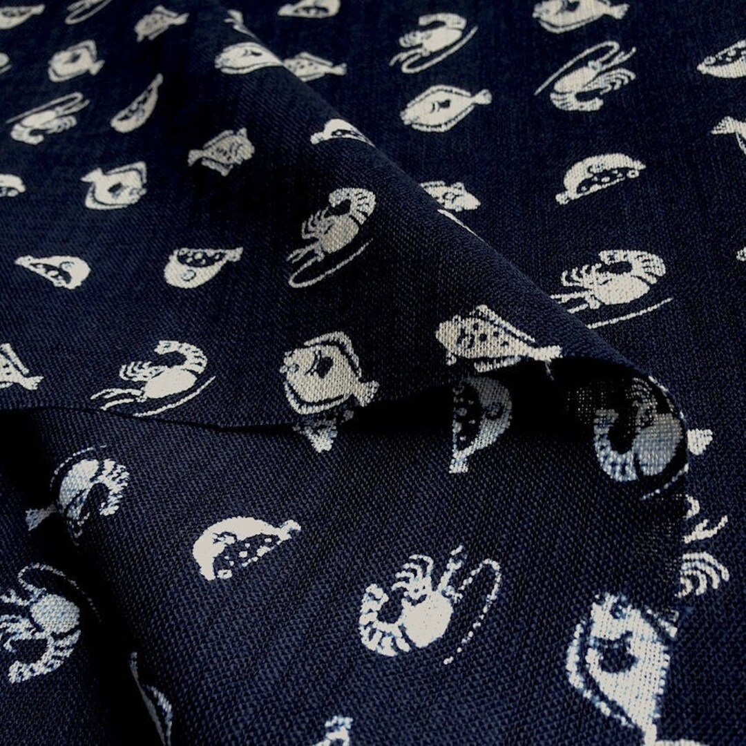 Japanese Fabric, Traditional Beige Fish Pattern, Navy Blue Background ...