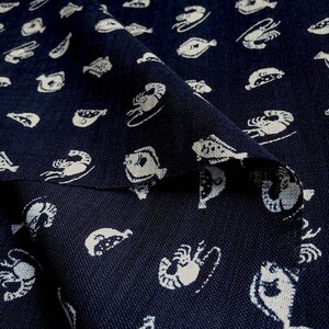 Japanese Fabric, Traditional Beige Fish Pattern, Navy Blue Background ...