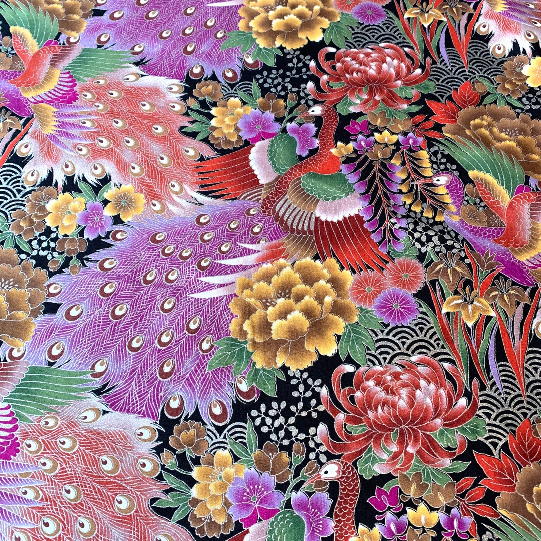 Japanese Fabric, Traditional Pattern, Large Flower and Peacock, Black ...