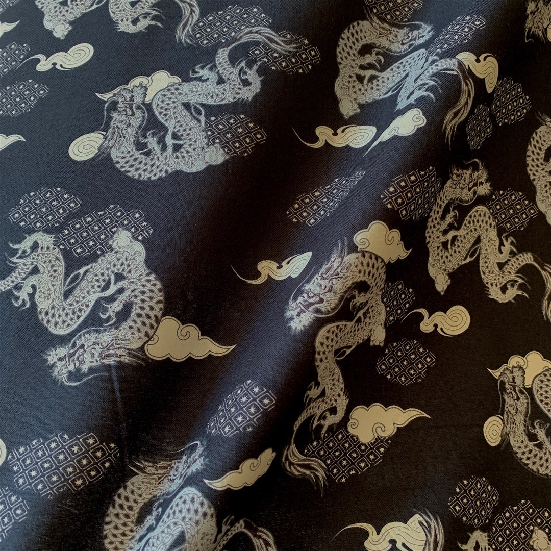 Japanese Fabric, Traditional DRAGON Pattern, Black Background, Cotton ...