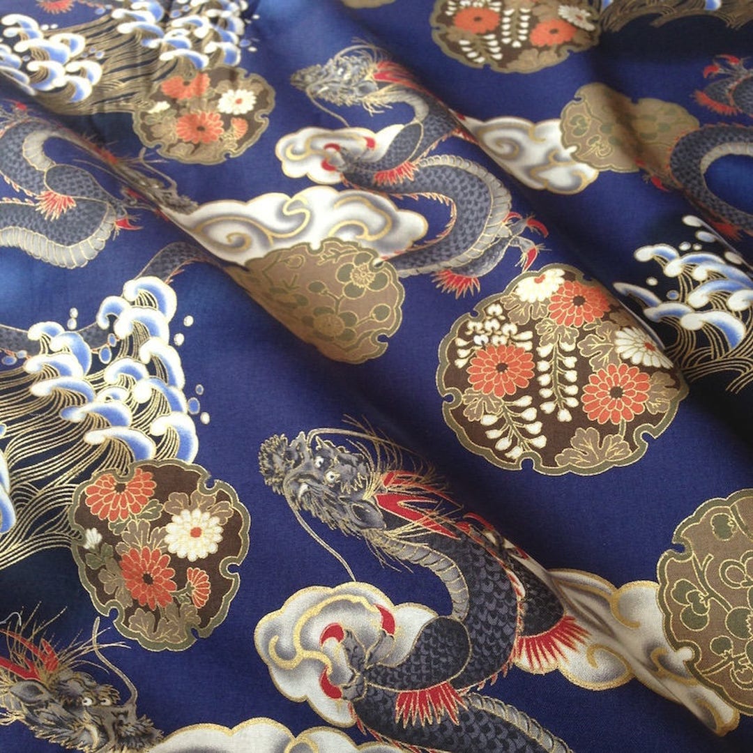 Japanese Fabric, Traditional DRAGON Pattern, Navy Blue Background ...