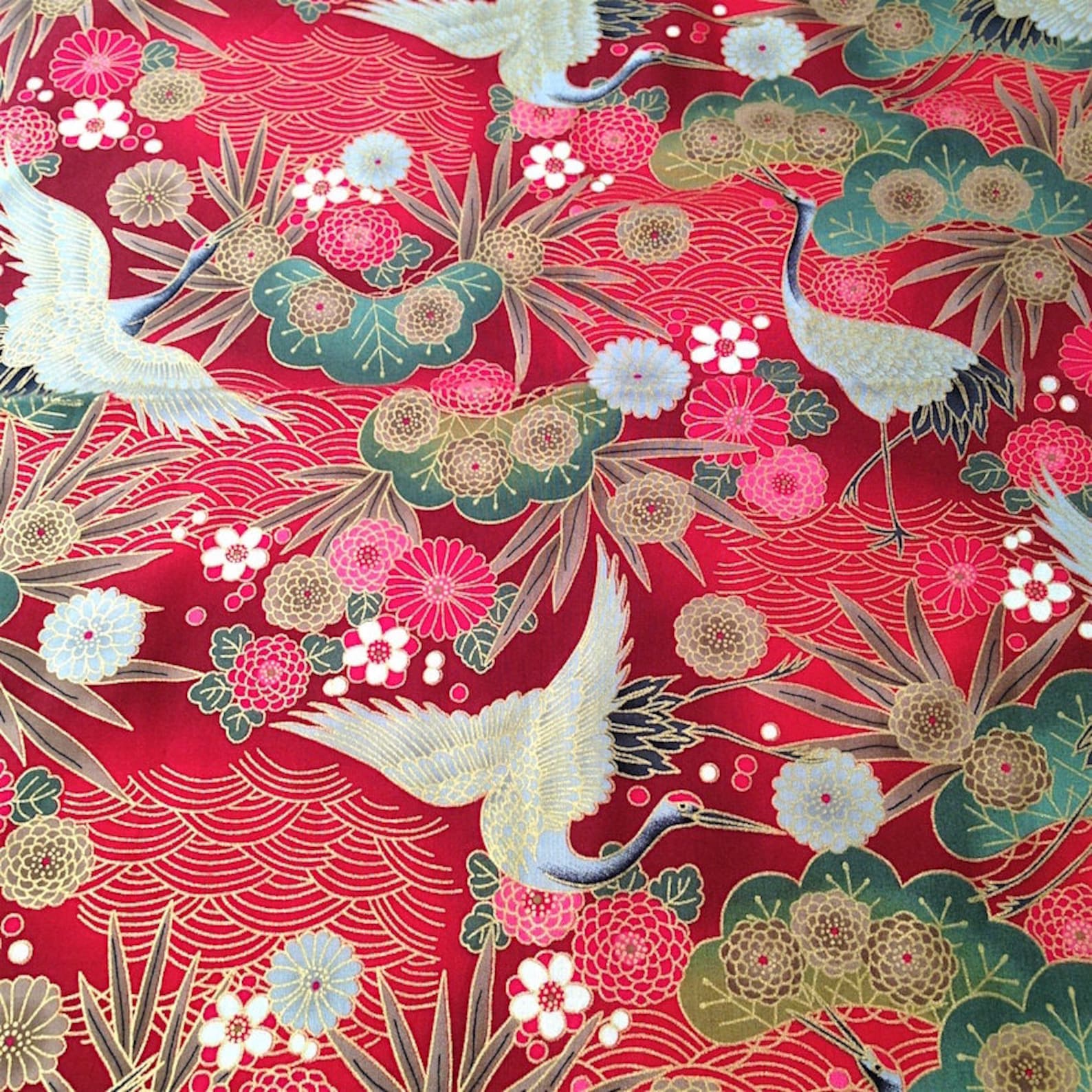 Japanese Fabric Traditional Crane Pattern Red Background - Etsy