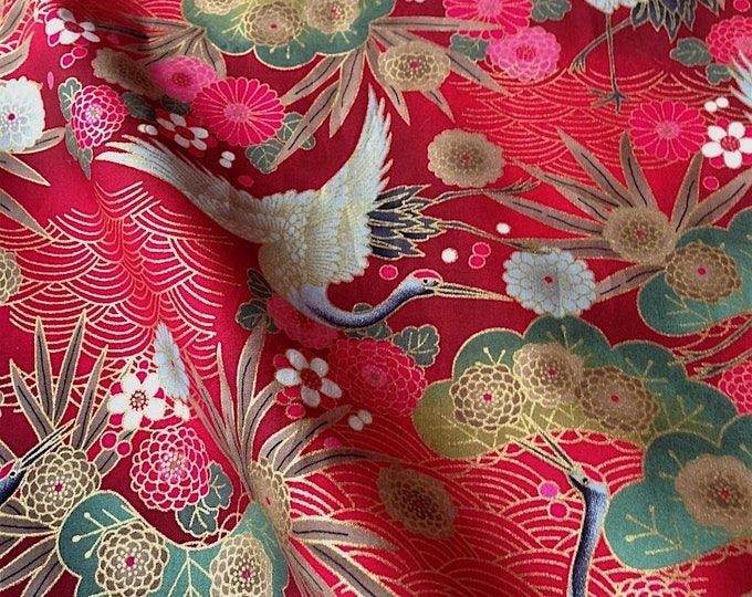 Japanese Fabric, Traditional Crane Pattern, Red Background, Cotton ...