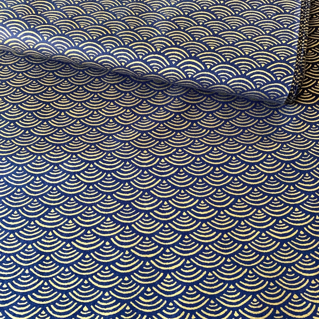 Japanese Fabric, Traditional SEIGAIHA (wave) Pattern Gold, Navy Blue ...