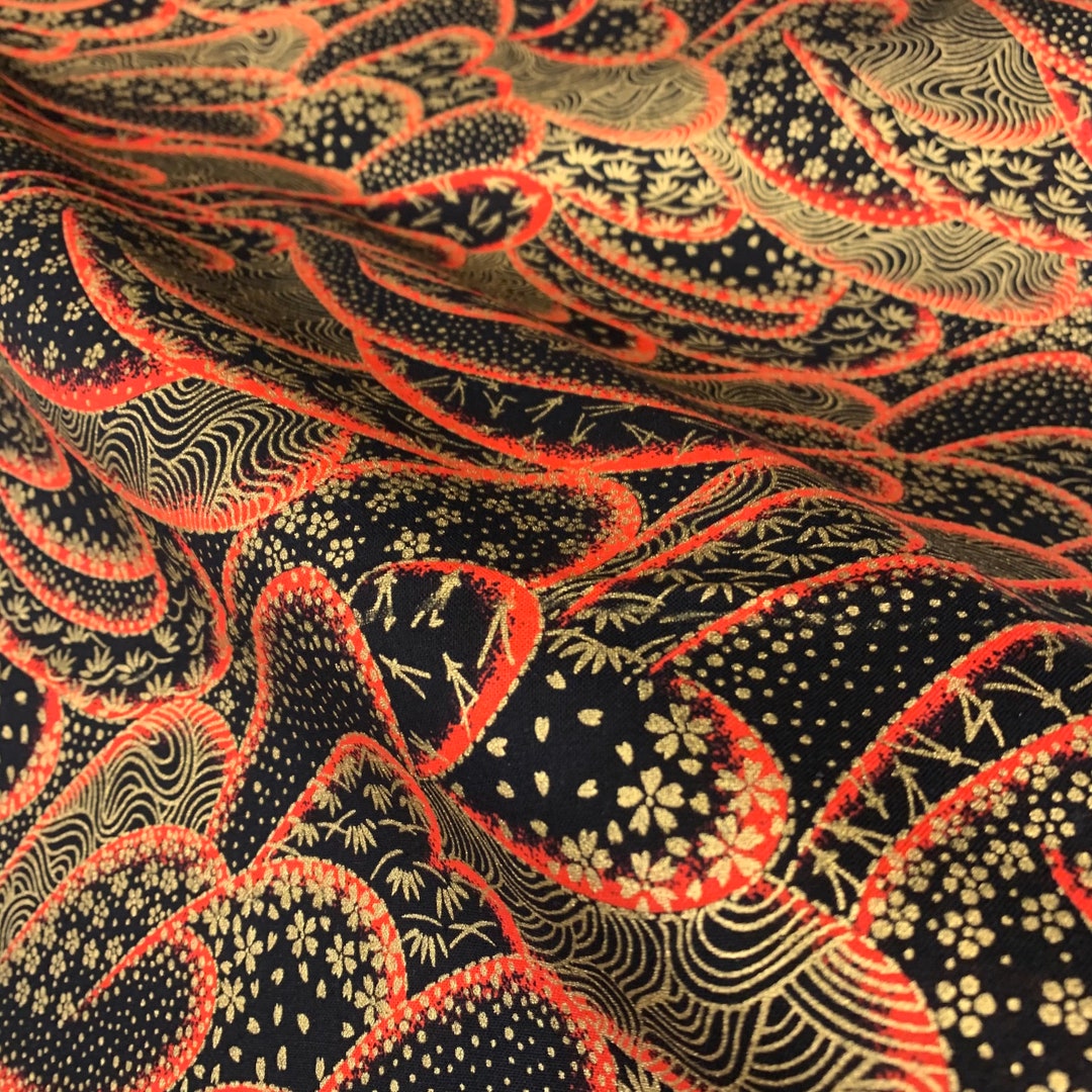 Japanese Fabric, Traditional Pattern, Black Background, Cotton 10x50 ...