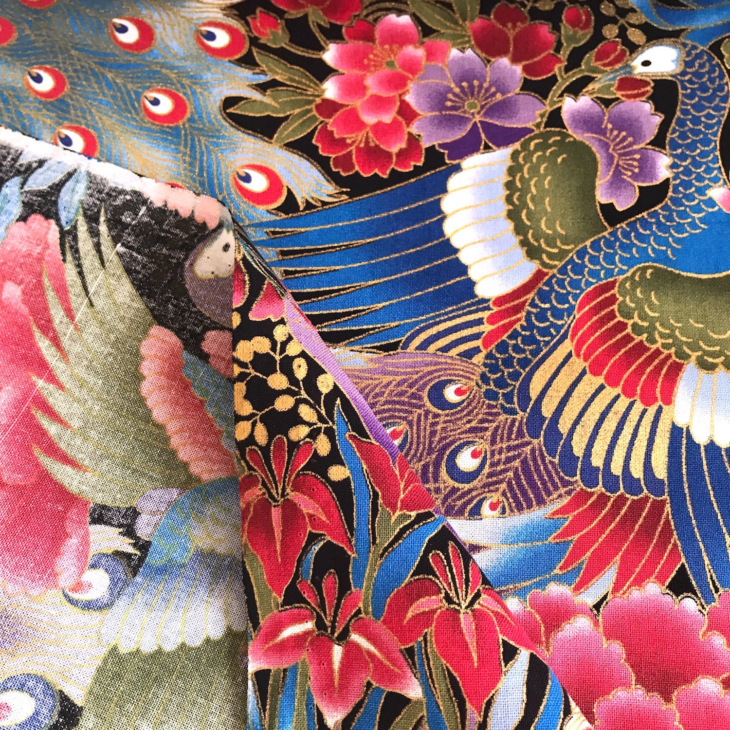 Japanese Fabric, Traditional Pattern, Large Flower and Peacock, Black ...