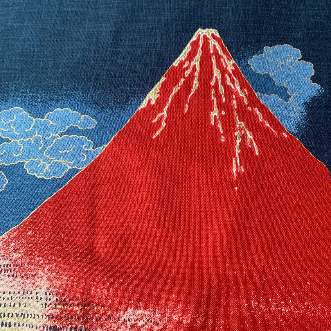 Japanese Fabric, Traditional Mount FUJI Pattern, Navy Blue Background ...