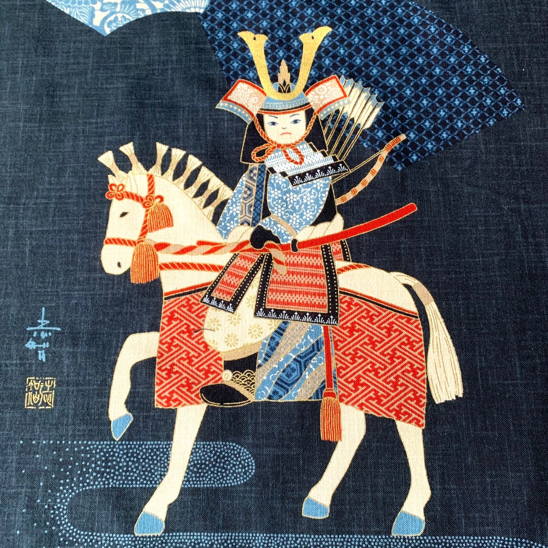 Japanese Fabric, Traditional SAMURAI Pattern, Navy Blue Background ...