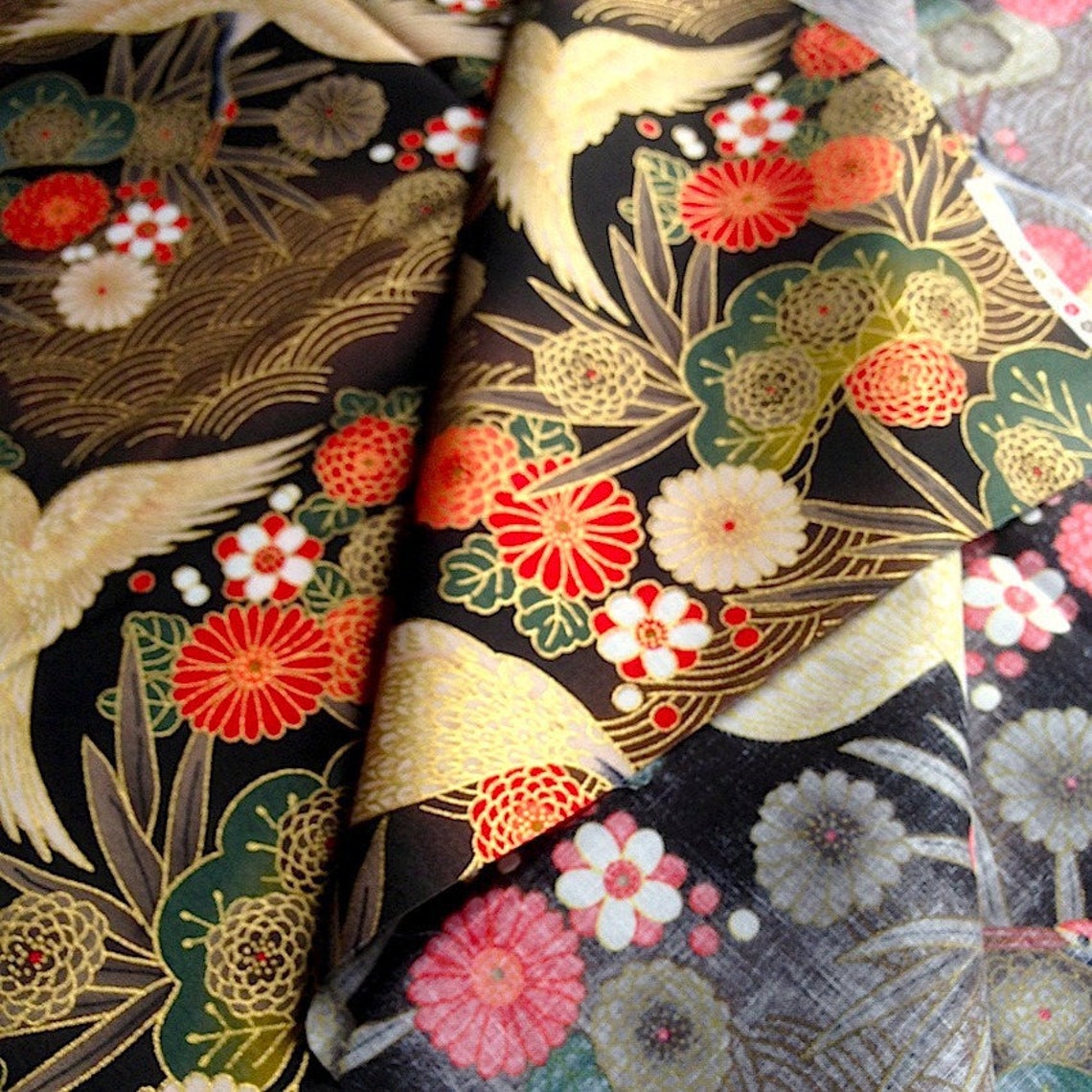 Japanese Fabric Traditional Crane Pattern Brown and Black | Etsy