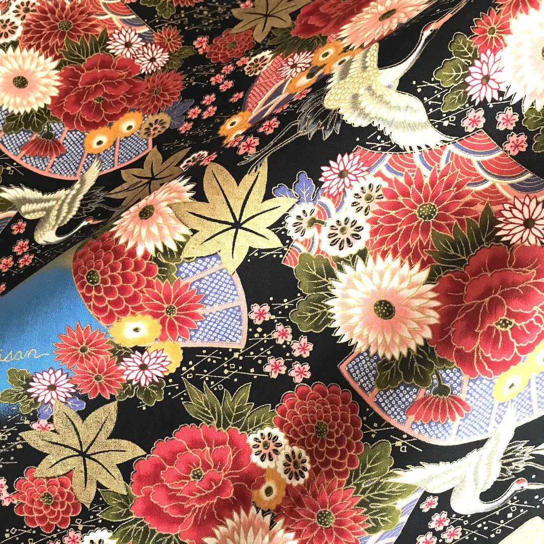 Japanese Fabric, Traditional Pattern Crane, Flowers, and FUJI, Black ...
