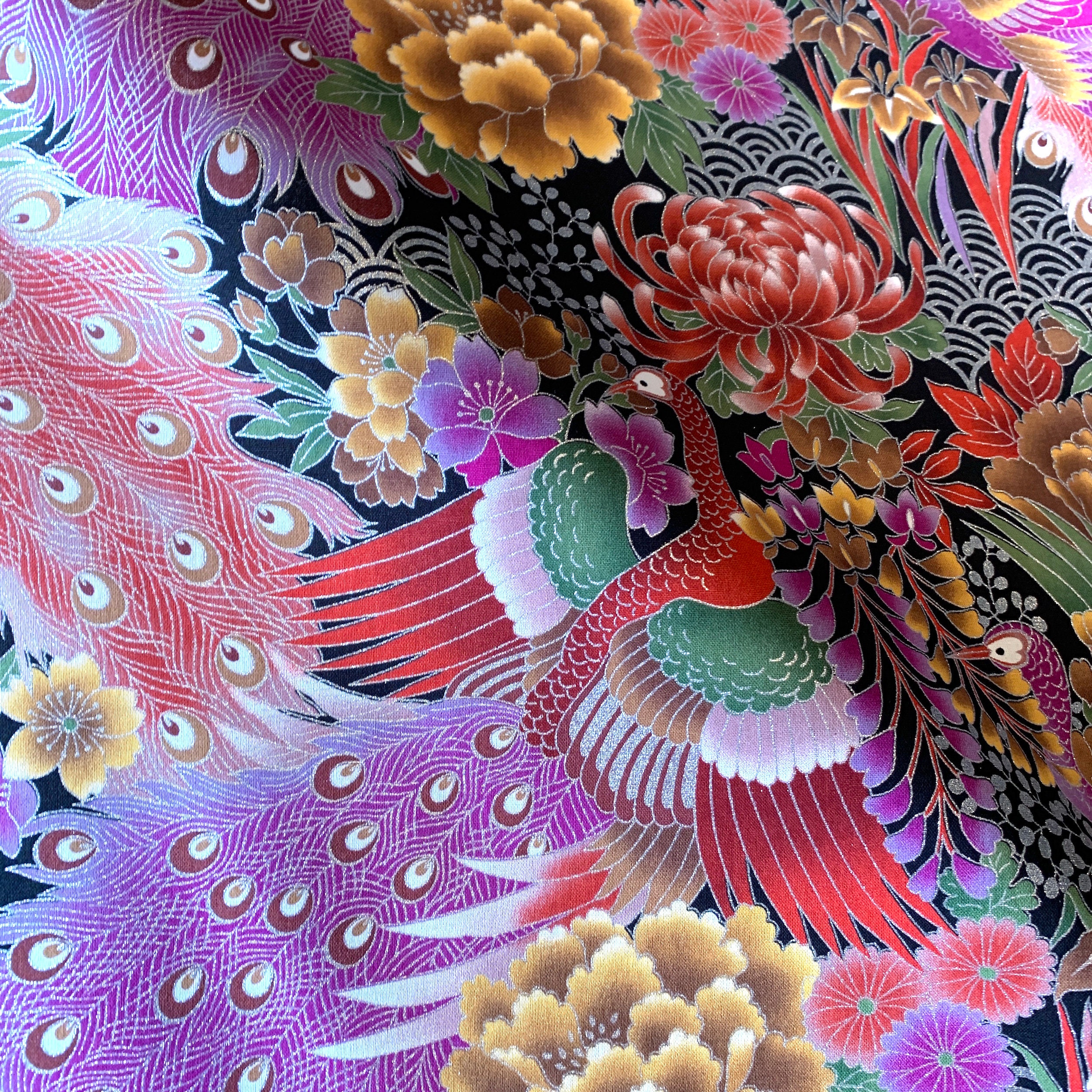 Japanese Fabric, Traditional Pattern, Large Flower and Peacock, Black ...