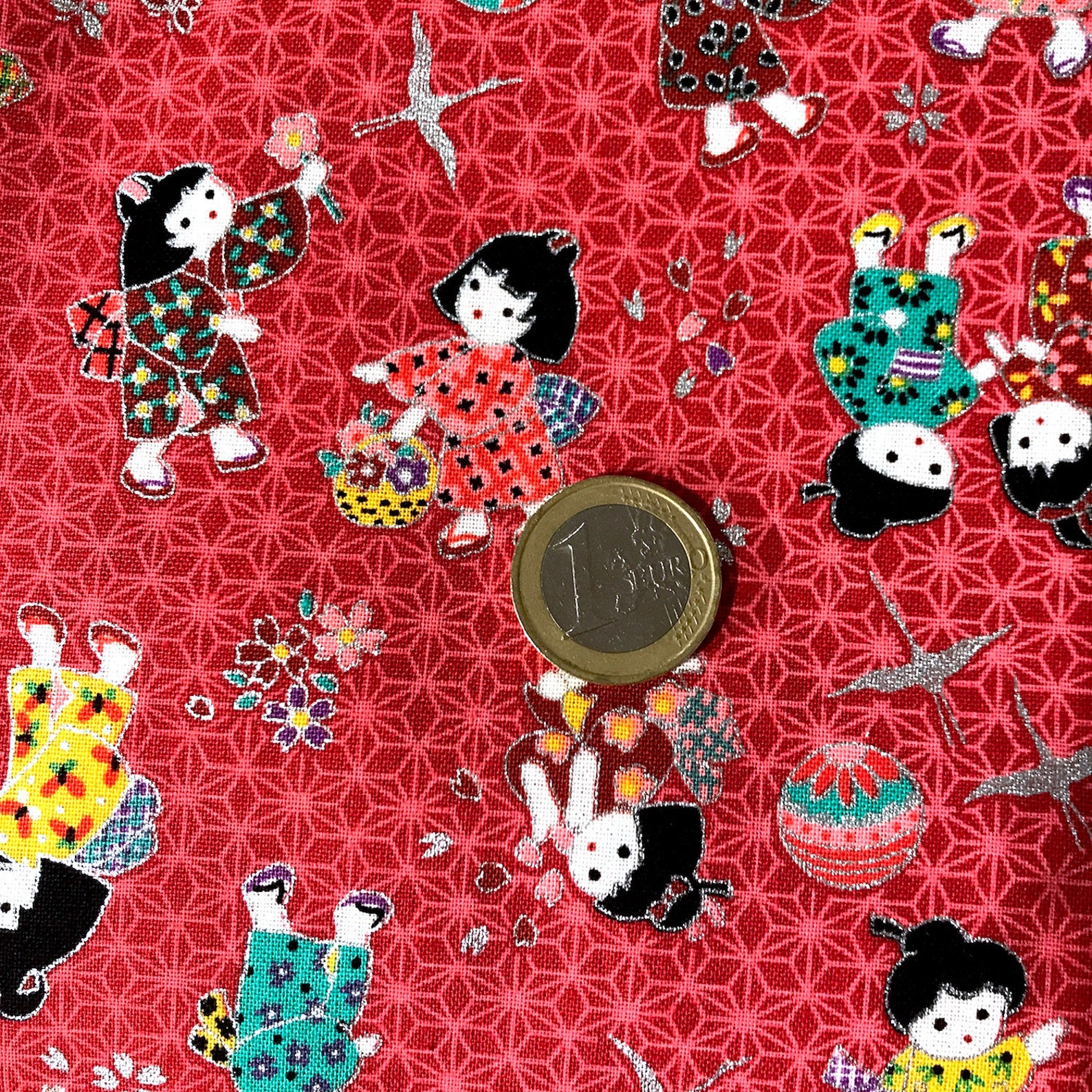 Japanese Fabric, Traditional Little Girls Pattern, Red Background ...