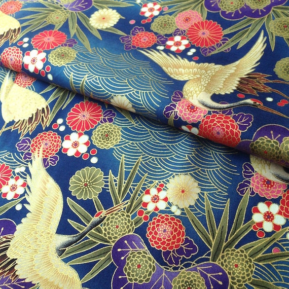 Japanese Fabric Traditional Crane Pattern Blue Background | Etsy