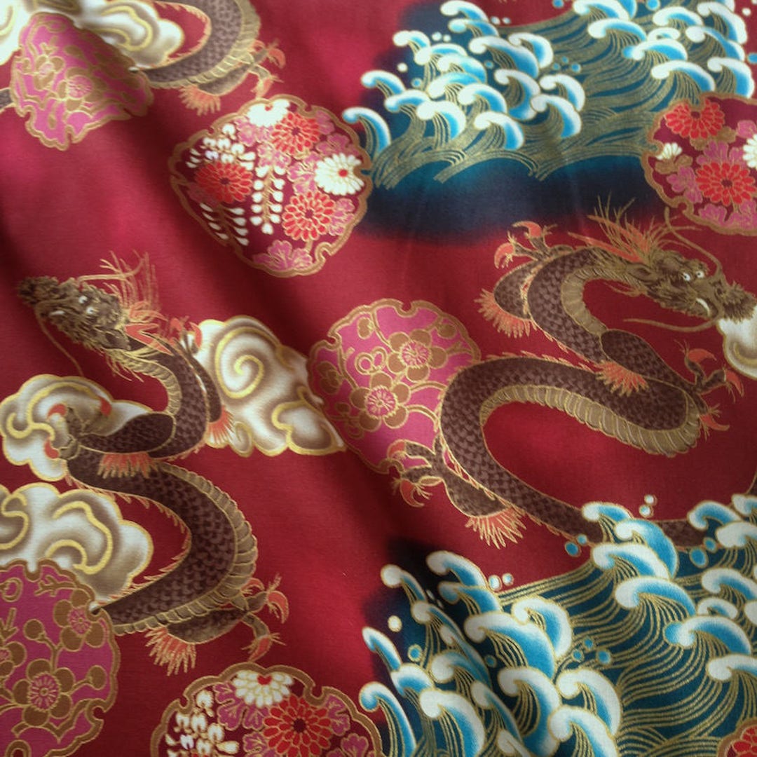 Japanese Fabric, Traditional DRAGON Pattern, Red Background, Cotton ...