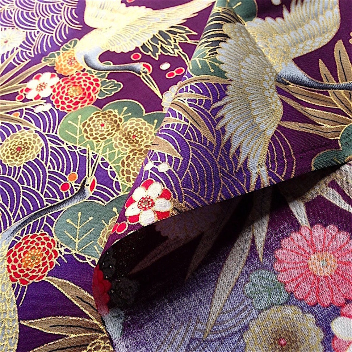 Japanese Fabric Traditional Crane Pattern Purple Bottom | Etsy
