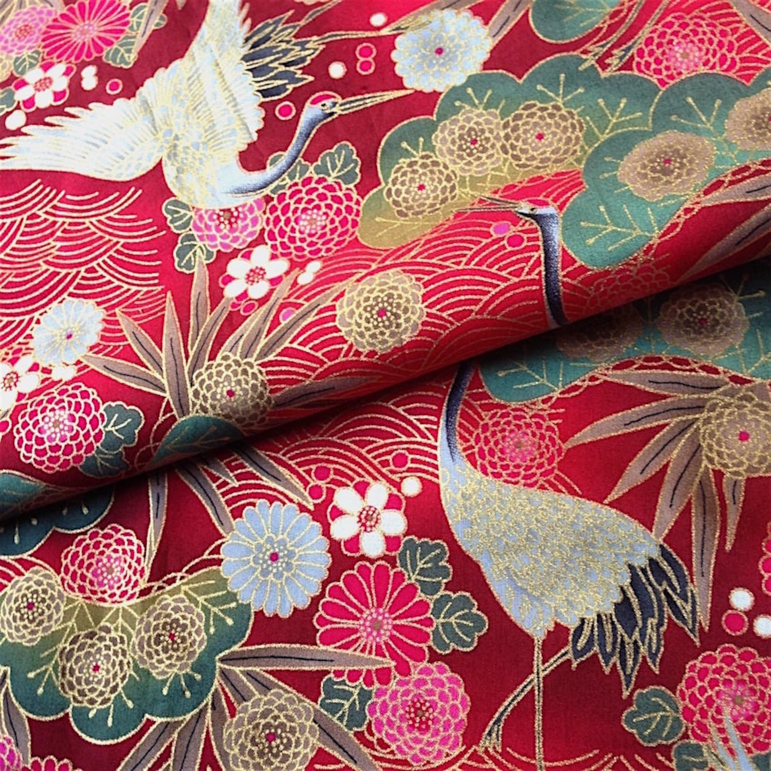 Japanese Fabric Traditional Crane Pattern Red Background | Etsy