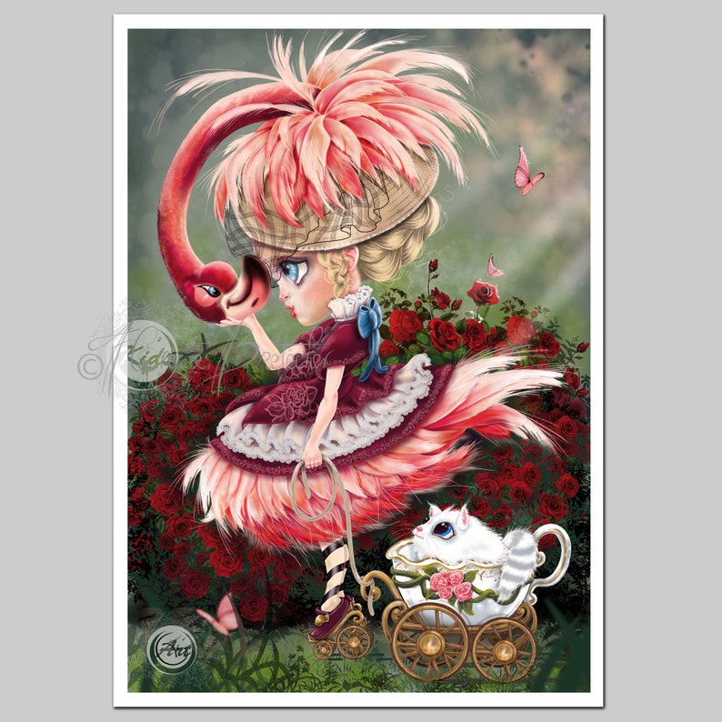 Alice Pink Flamingo on Roller Among the Roses of Wonderland, Digital ...