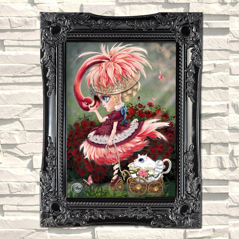 Alice Pink Flamingo on Roller Among the Roses of Wonderland, Digital ...