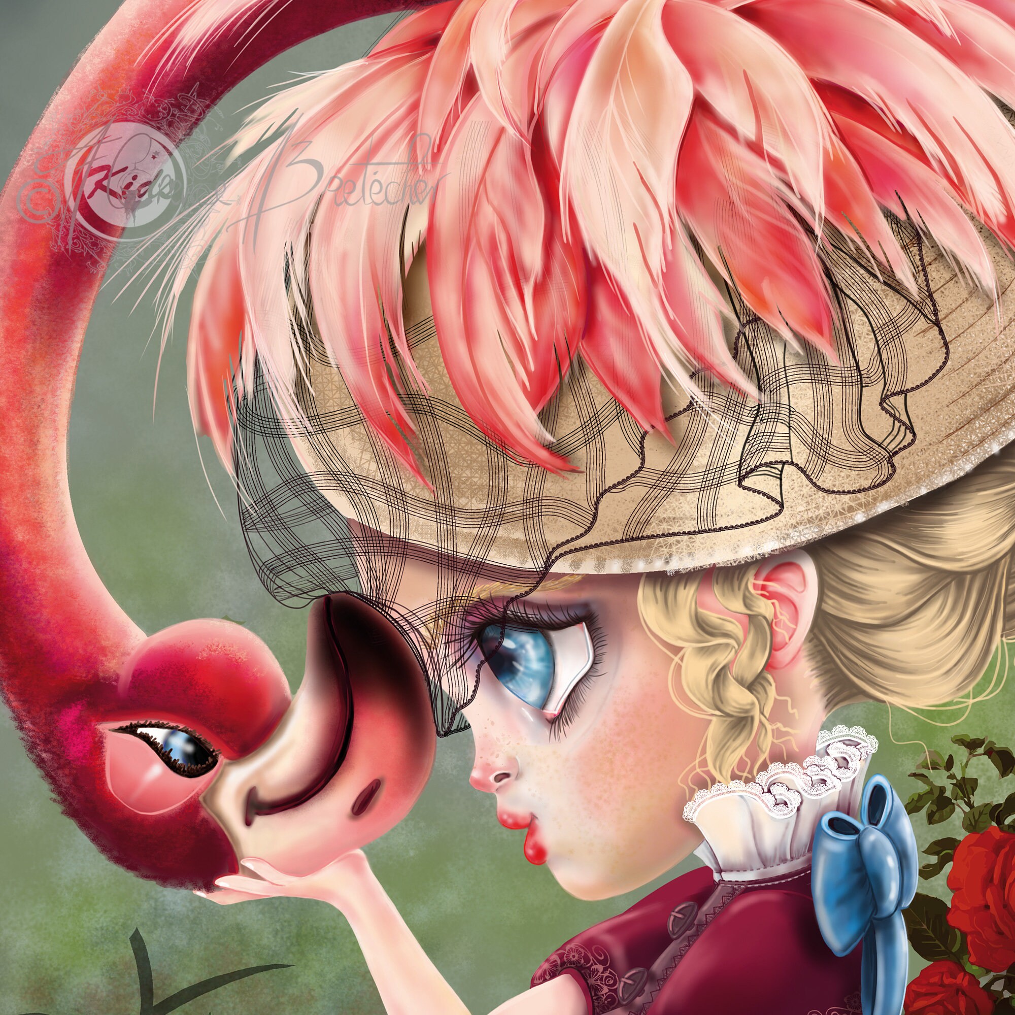 Alice Pink Flamingo on Roller Among the Roses of Wonderland, Digital ...