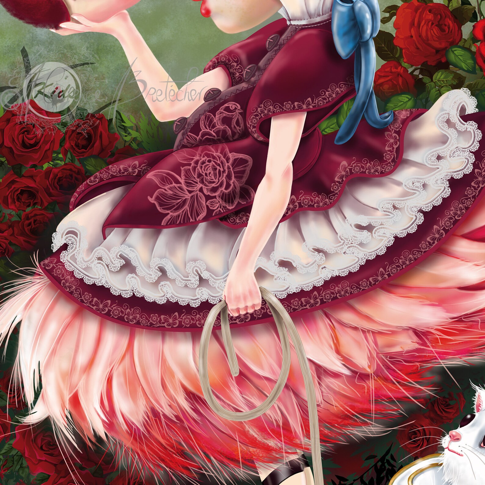 Alice Pink Flamingo on Roller Among the Roses of Wonderland, Digital ...