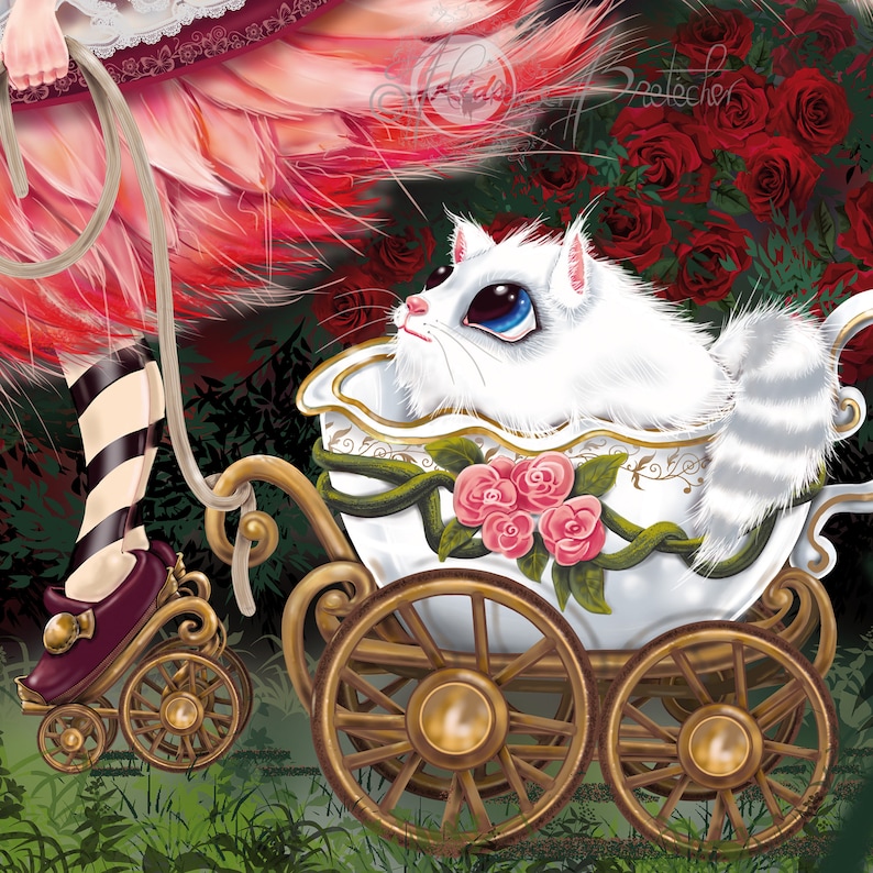 Alice Pink Flamingo on Roller Among the Roses of Wonderland, Digital ...