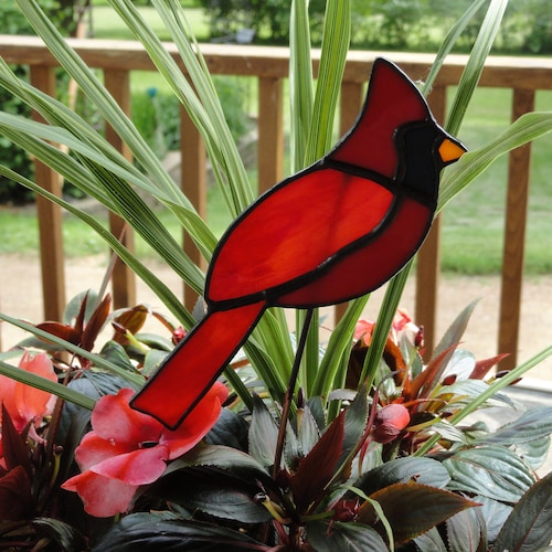 Stained Glass Red Cardinal Plant Stake Flower Pot Decor - Etsy