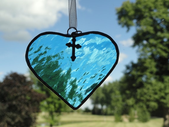 Heart and Cross Suncatcher Stained Glass - Etsy