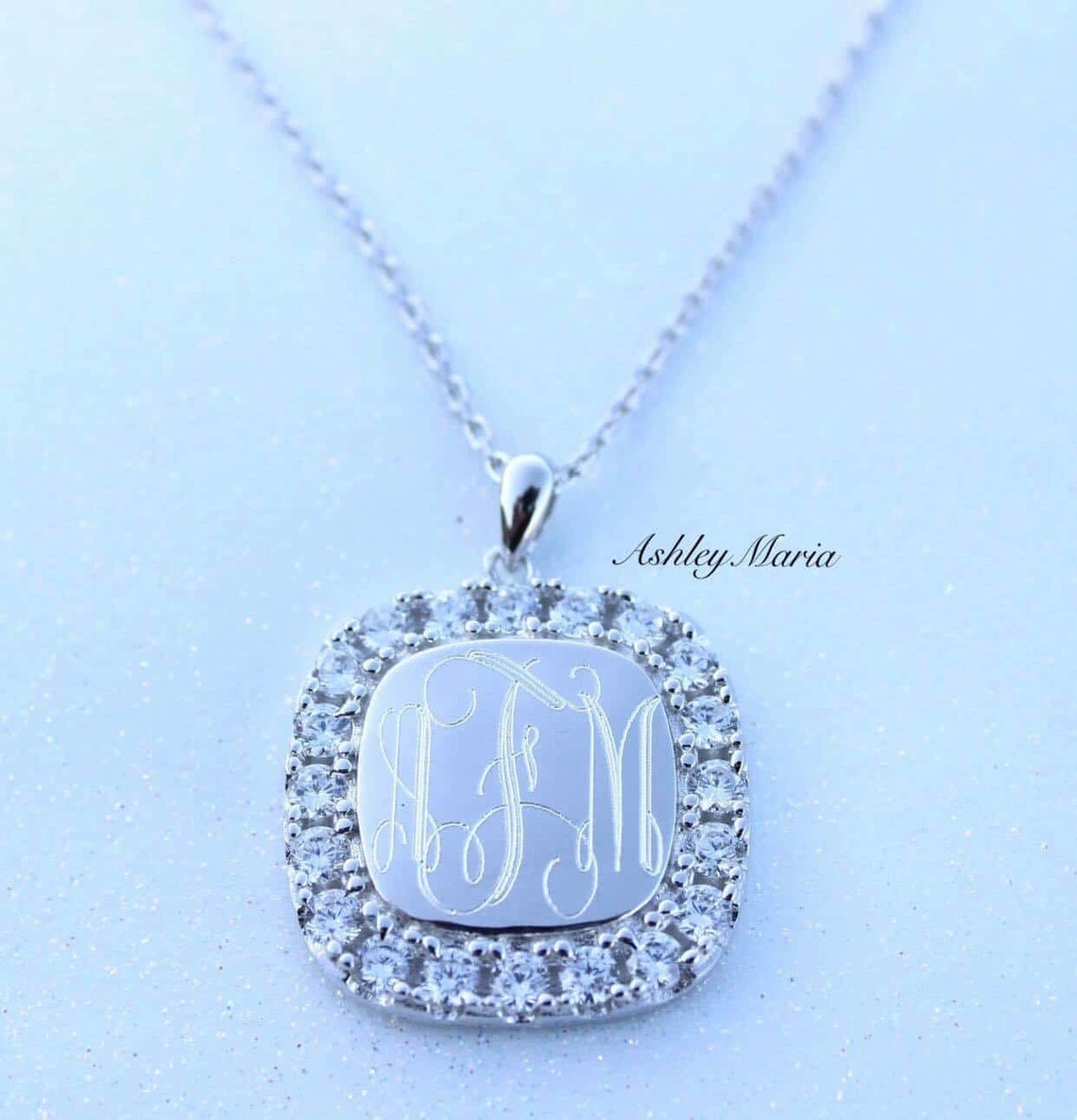 Monogram Silver Necklace Monogram Square Necklace Monogram - Etsy