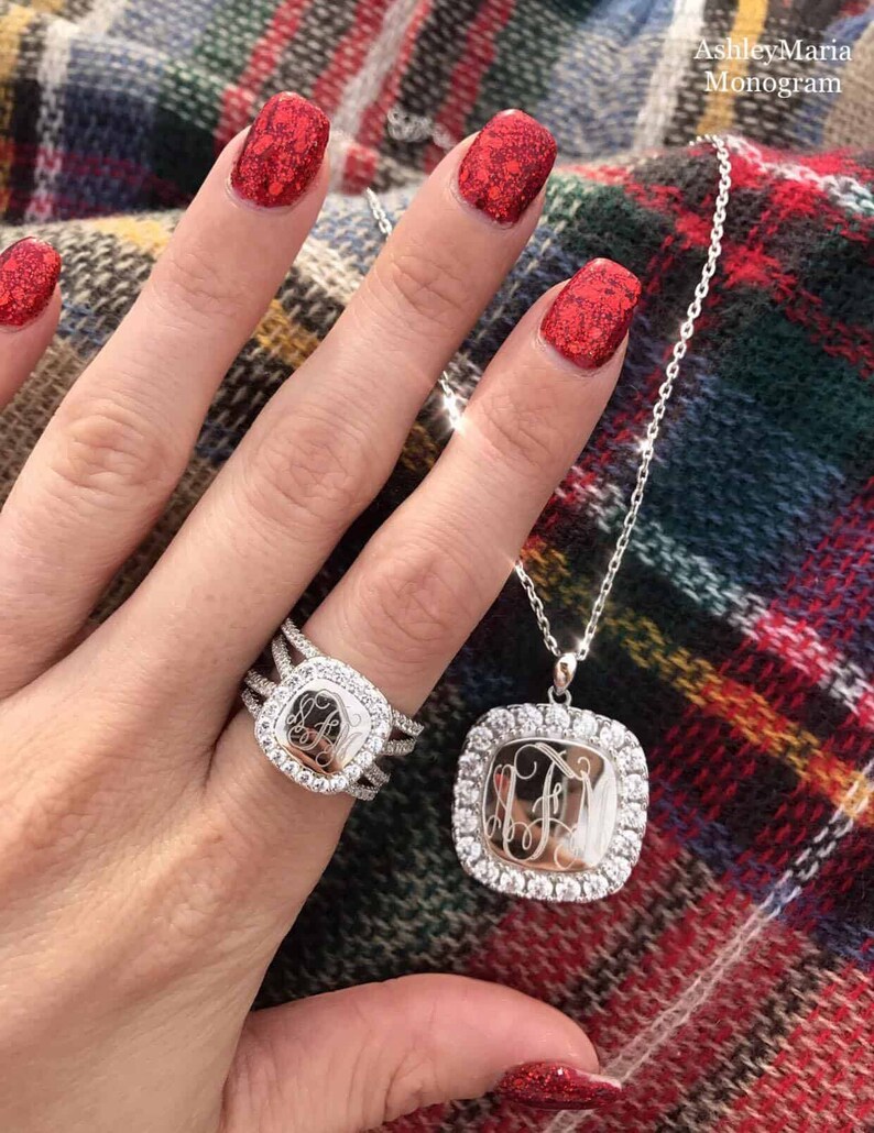 Monogram Silver Necklace Monogram Square Necklace Monogram | Etsy