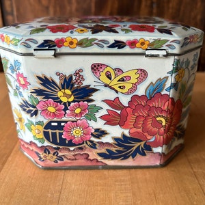 Vintage Octagon Shaped Hinged Floral Tin Box With Pictorial Scene ...