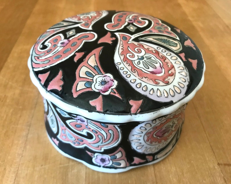Enamelware Ceramic Round Covered Box With Paisley Design - Etsy