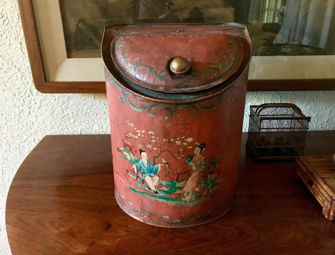 Large Chinese Toleware Tea Caddy Chinoiserie Style Hand Painted Tin Box ...