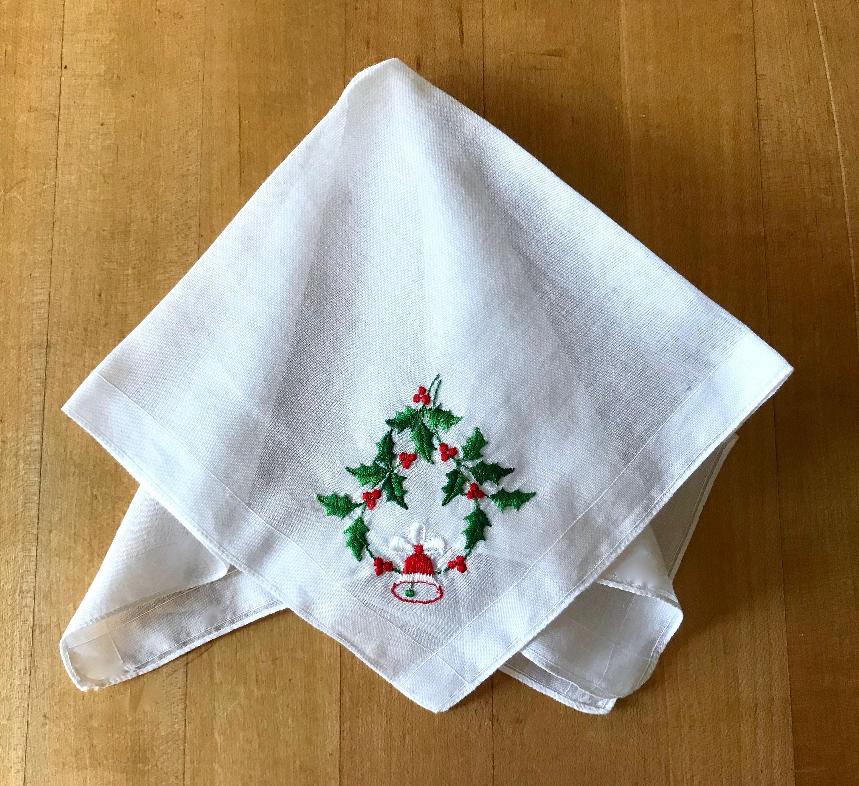 Vintage Holly and Ringing Bell Hand Embroidered Handkerchief / - Etsy