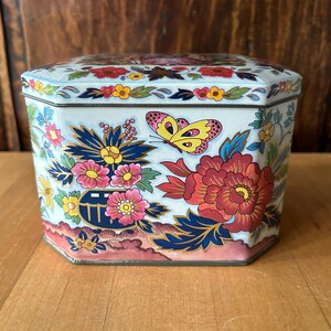 Vintage Octagon Shaped Hinged Floral Tin Box With Pictorial Scene ...