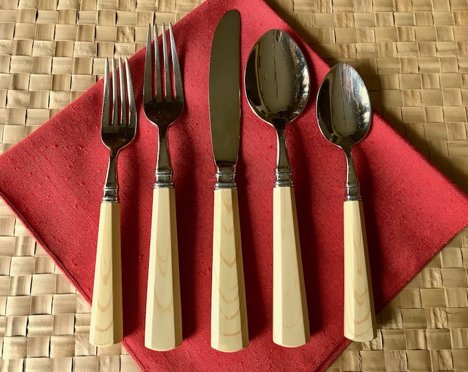 8 Place Settings Faux Wood Handle and Stainless Flatware Vintage ...