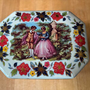 Vintage Octagon Shaped Hinged Floral Tin Box With Pictorial Scene ...