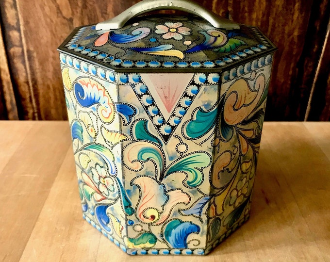 Vintage Octagon Paisley and Floral Tin Container With Lid Made in ...