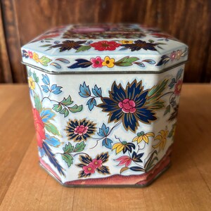 Vintage Octagon Shaped Hinged Floral Tin Box With Pictorial Scene ...