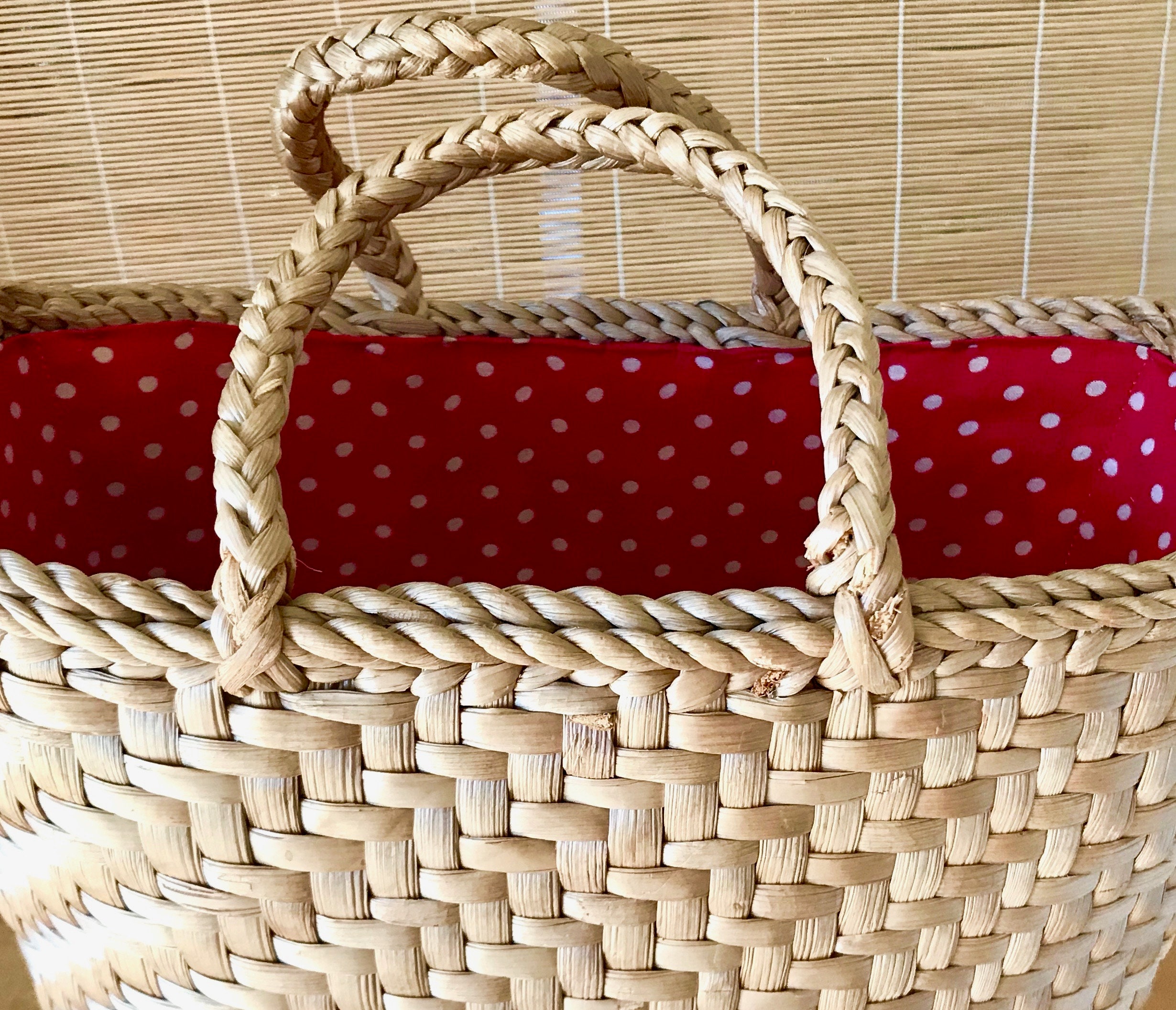 Red Polka Dot Lined Woven Straw Tote / Vintage Golden Straw | Etsy