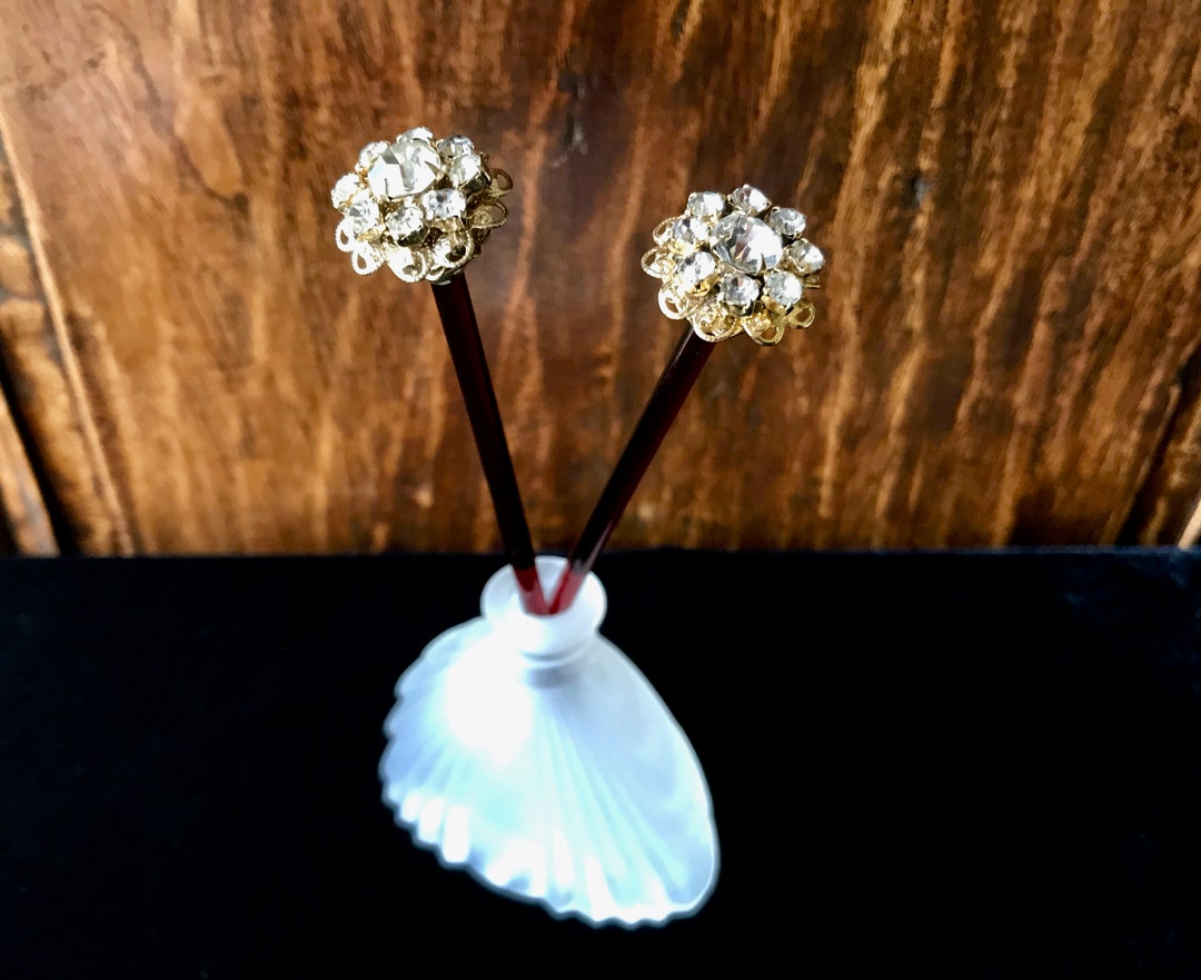Antique Rhinestone Flower Hair Sticks: Gold Tone Bridal Updo Pins - Etsy