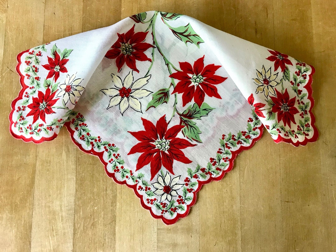 Christmas Poinsettia Vintage Handkerchief / Christmas Bridal ...