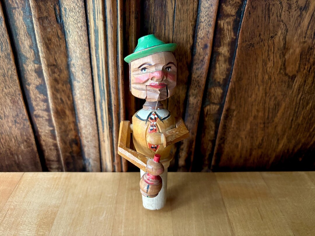 Rare Carved Wood Mechanical Bottle Stopper With Man Drinking / Antique ...