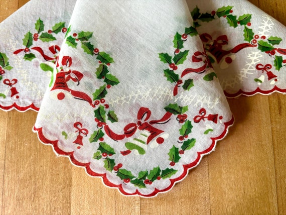 Christmas Bells and Holly Vintage Handkerchief / Chri… - Gem