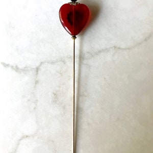 Antique Hat Pin With Red Glass Heart, Decorative Brass and Black Bead ...