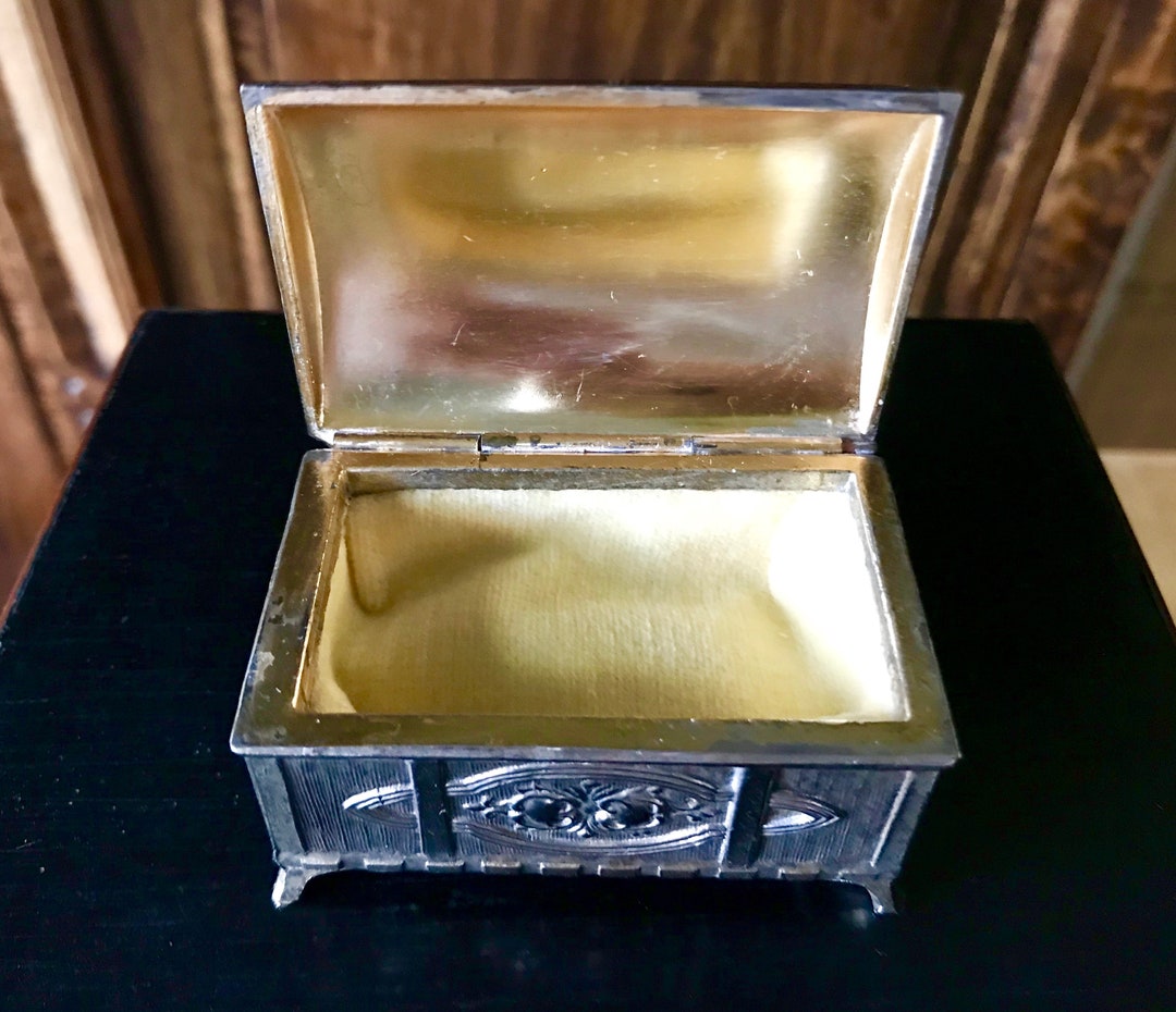 Repousse' Embossed Silvertone Small Chest Jewelry Box With Feet and ...