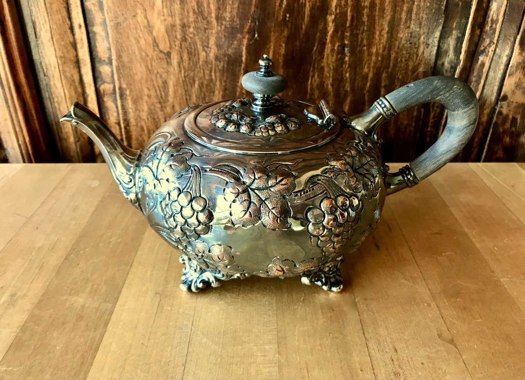 Repousse Silver and Copper Teapot With Wood Handle and Finial, Scroll ...