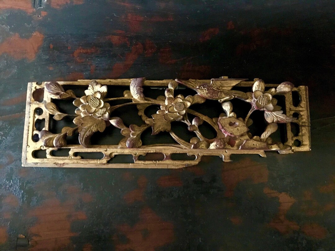 Antique Carved Wood Chinese Wall Panel With Painted Lacquer and Gold ...