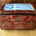 Chinese Red Lacquer Wood Box With Inlaid Blue and White Porcelain Shard ...
