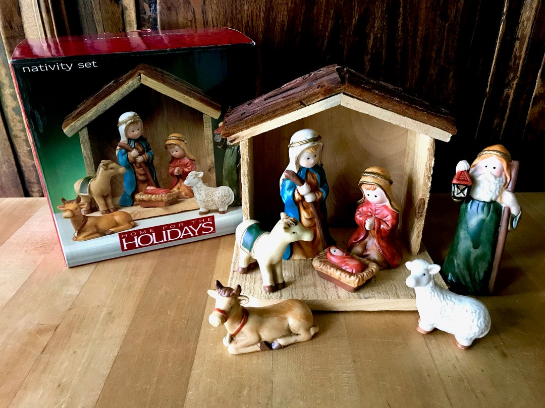 Home for the Holidays 7 Piece Porcelain Nativity Set With Wooden Creche ...